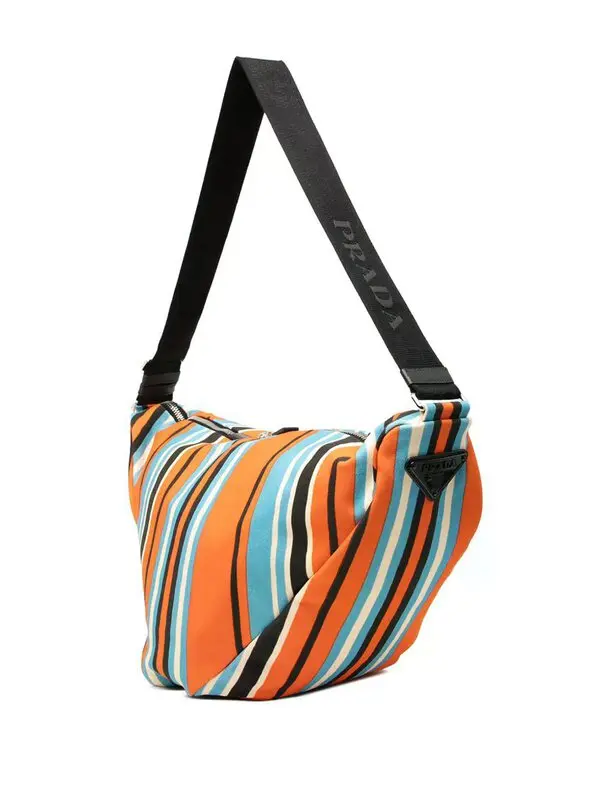 Prada Canvas Striped Triangle Logo Shoulder Bag