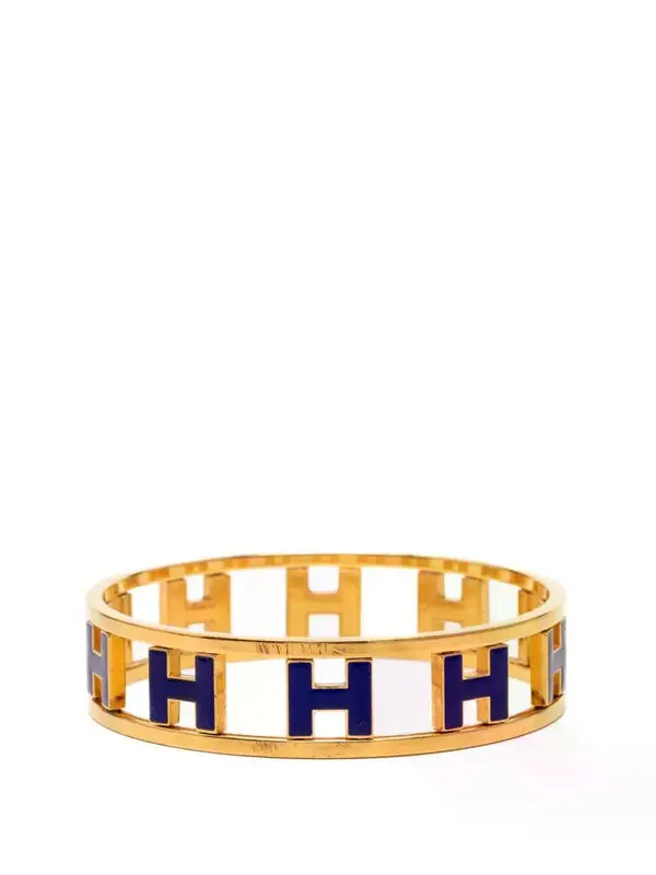 Hermès 20th Century Gold Plated Enamel 'h' Motif Bangle Bracelet - Blue
