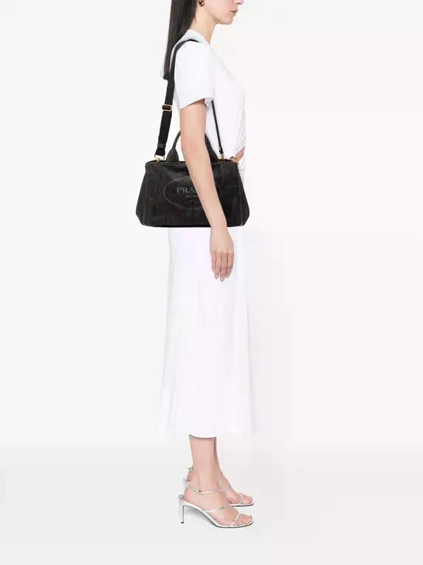Prada Small Denim Canapa Logo Satchel - Grey