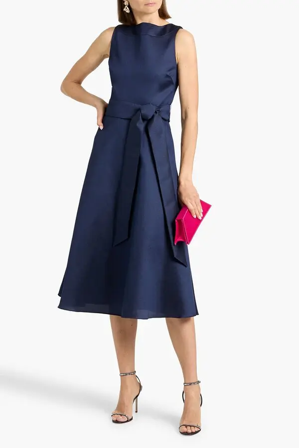 Badgley Mischka Belted Gazar Midi Dress - Navy