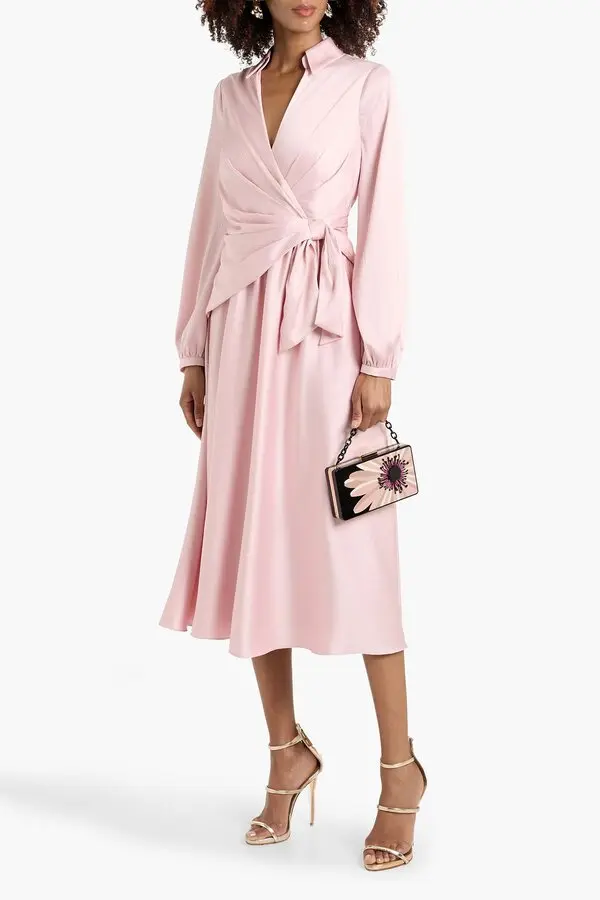 Badgley Mischka Hammered Satin Midi Dress With Bow Detail - Blush