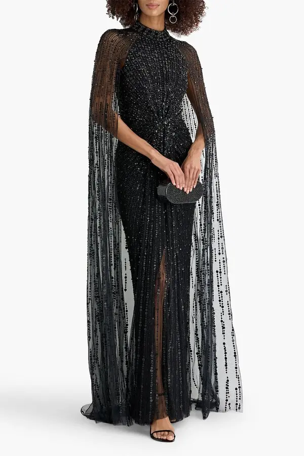 Jenny Packham Charisma Cape-effect Embellished Tulle Gown