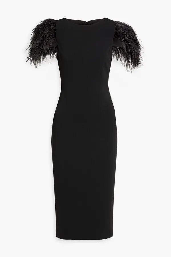 Badgley Mischka Feather Trimmed Crepe Dress - Black