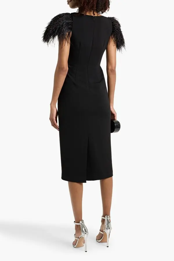 Badgley Mischka Feather Trimmed Crepe Dress - Black