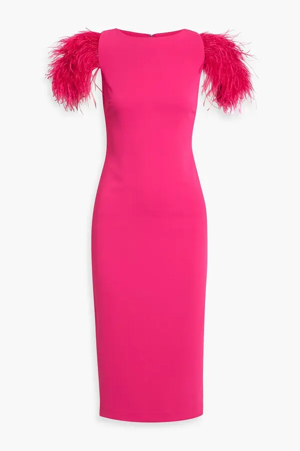 Badgley Mischka Feather Trimmed Crepe Dress - Fuchsia