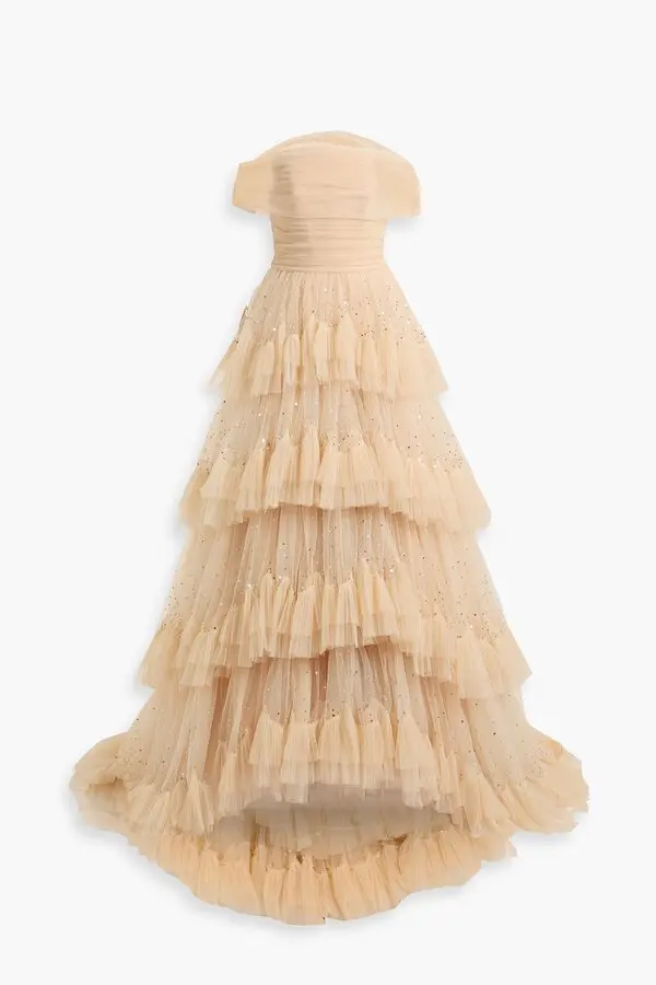 Jenny Packham Off-the-shoulder Tiered Embellished Tulle Gown - Pastel Orange