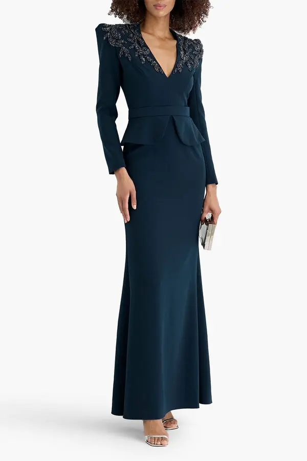 jenny packham navy blue dress Crystal-embellished crepe gown - navy