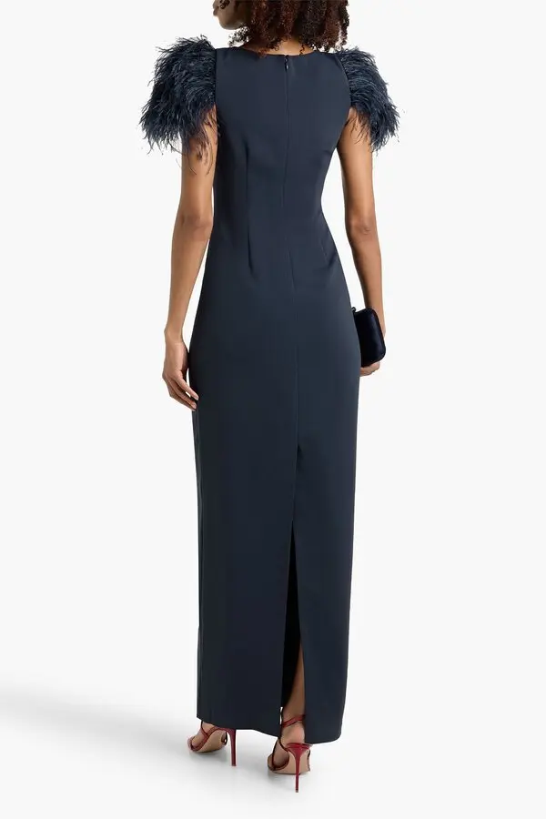 Badgley Mischka Feather-trimmed Crepe Gown