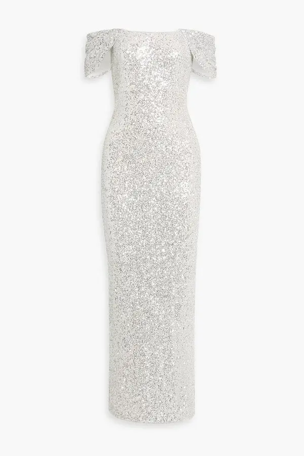 Badgley Mischka Off-the-shoulder Sequin Embellished Mesh Gown