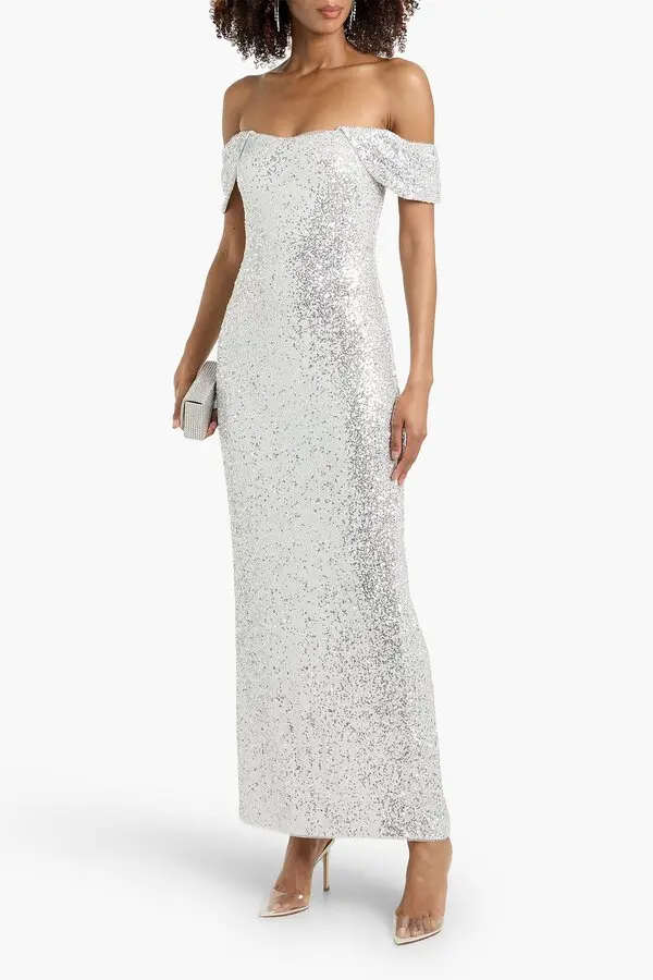 Badgley Mischka Off-the-shoulder Sequin Embellished Mesh Gown