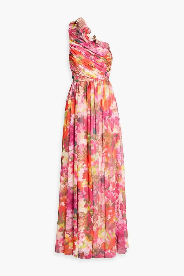 Badgley Mischka One-shoulder Floral Chiffon Maxi Dress - Pink