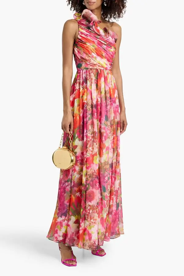 Badgley Mischka One-shoulder Floral Chiffon Maxi Dress