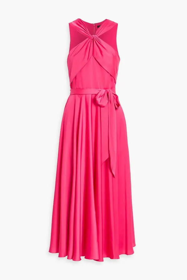 Badgley Mischka Twisted Hammered Satin Midi Dress - Fuchsia