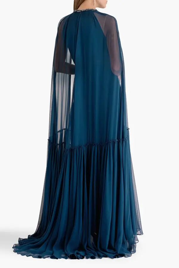 Jenny Packham Cape Effect Beaded Crepe And Chiffon Gown