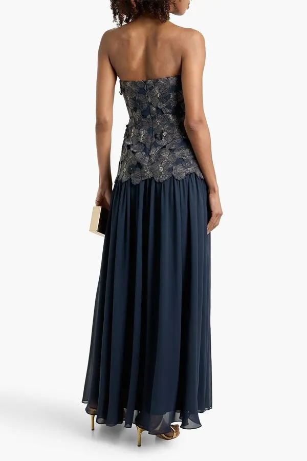 Badgley Mischka Strapless Metallic Guipure Lace And Chiffon Gown