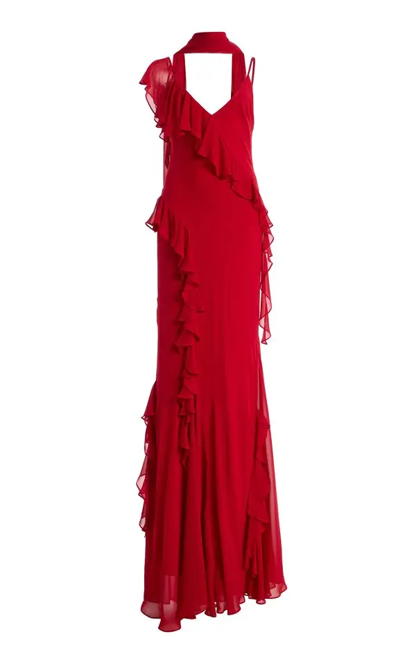 DE LA VALI Mayara Ruffled Georgette Maxi Dress - Red