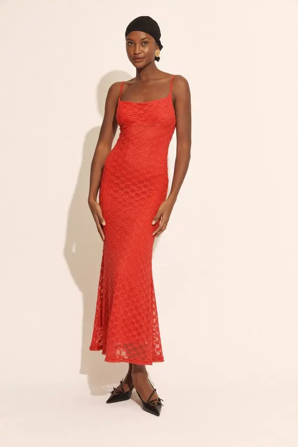 Bardot Adoni Mesh Midi Dress - Fire Red