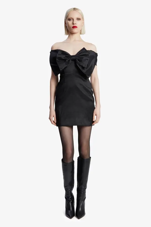 Bardot Off-shoulder Mini Bow Dress - Black