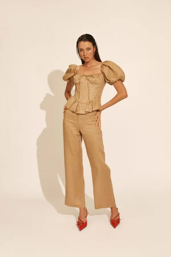 Bardot Esra Puff Sleeve Corset Top - Latte