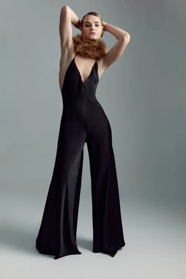 Bardot Keaton Halter Jumpsuit With Wide Leg And Plunging Neckline - Black