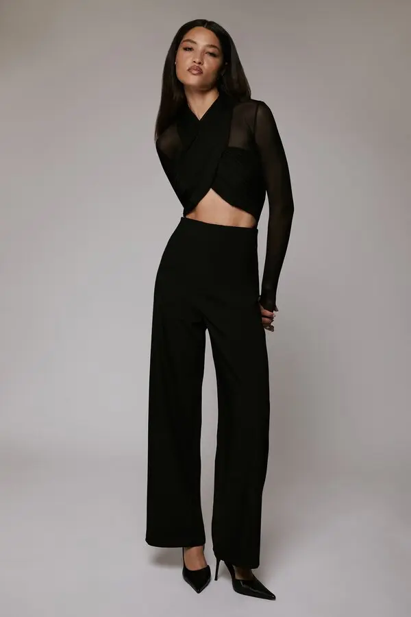 Bardot Aliyah Wrap Bodysuit Sheer Mesh With Cut-out Detail - Black
