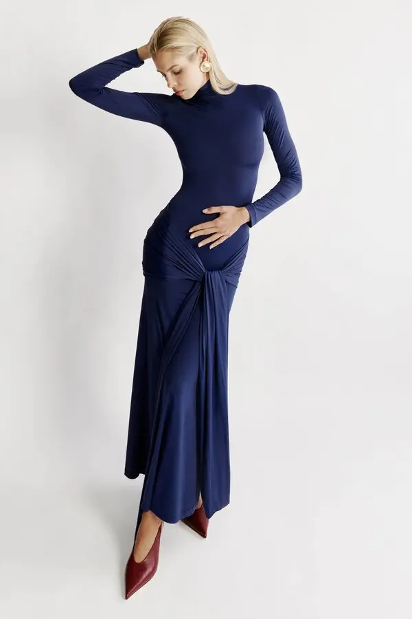 Bardot Alix Maxi Tie Front Dress With High Neckline And Long Sleeves