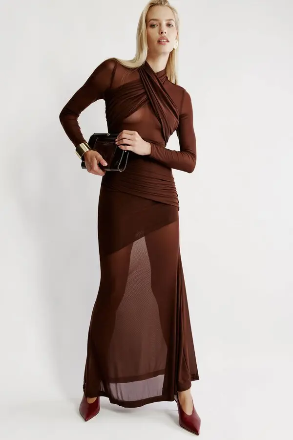 Bardot Marice Wrap Mesh Maxi Dress - Chocolate