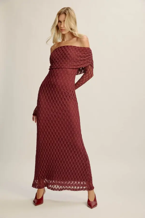 Bardot Adoni Off Shoulder Lace Maxi Dress - Deep Plum
