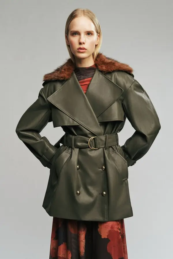 Bardot Vegan Leather & Faux Fur Collar Trench Coat - Olive