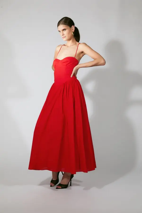 Bardot Estie Cotton Maxi Dress With Sweetheart Neckline And Halter Straps - Fire Red