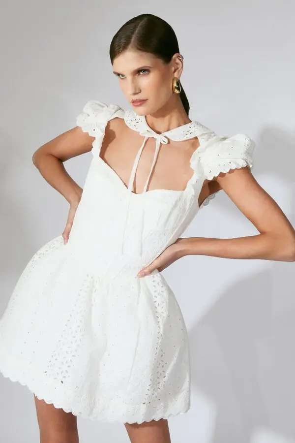 Bardot Allington Broderie Mini Dress With Puff Sleeves And Sweetheart Neckline - Orchid Wht