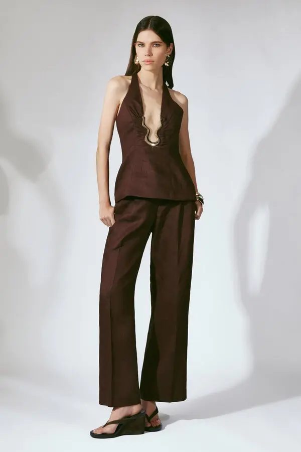 Bardot Geordy Hipster Linen Pant - Chocolate