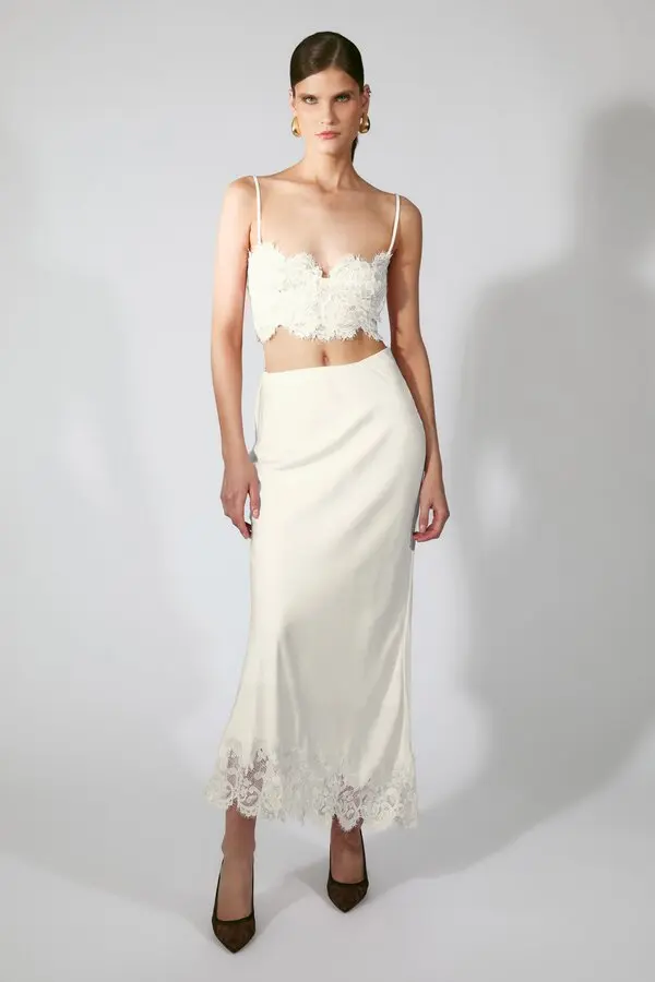 Bardot Elisan Lace Trim Satin Midi Skirt - Ivory