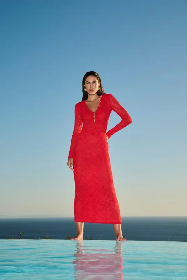 Bardot Zenia Long Sleeve Lace Midi Dress - Fire Red