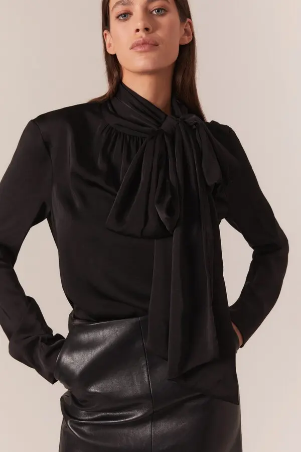 Bardot Castian Satin Blouse With Pussy Bow Neckline