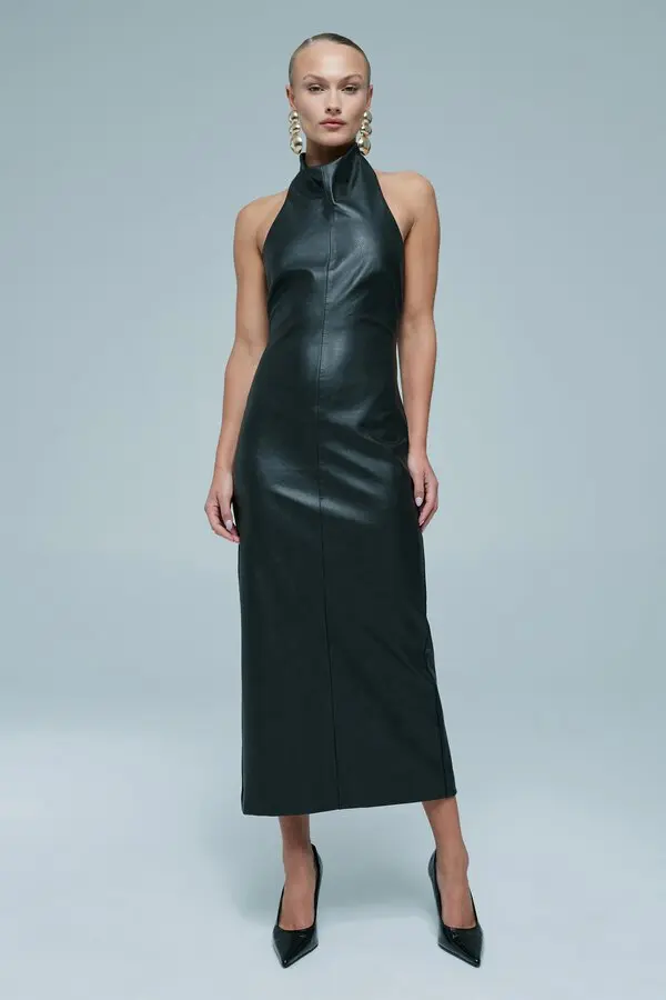 Bardot Gina Vegan Leather High Neck Midi Dress - Black
