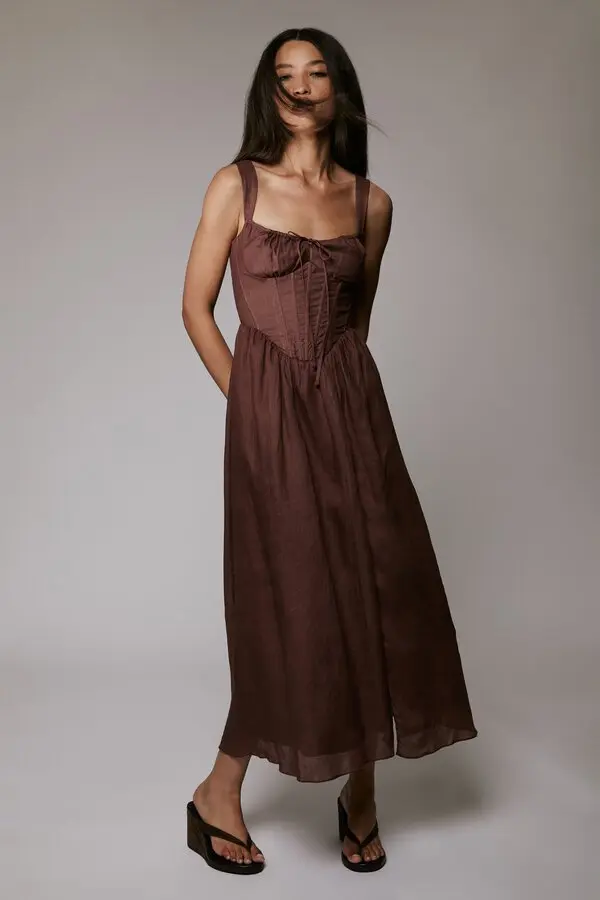 Bardot Esra Midi Dress Corset Bodice & Full Skirt - Chocolate