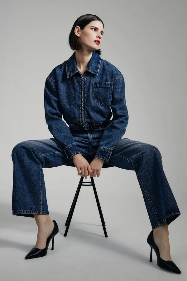 Bardot Cropped Denim Bomber Jacket - Washed Ind