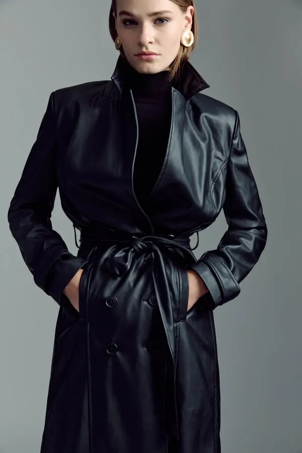 Bardot Vegan Leather Trench Coat - Black