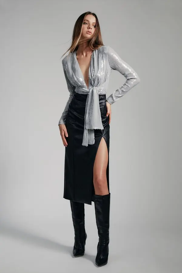 Bardot Emelia Sequin Wrap Bodysuit - Dove Grey