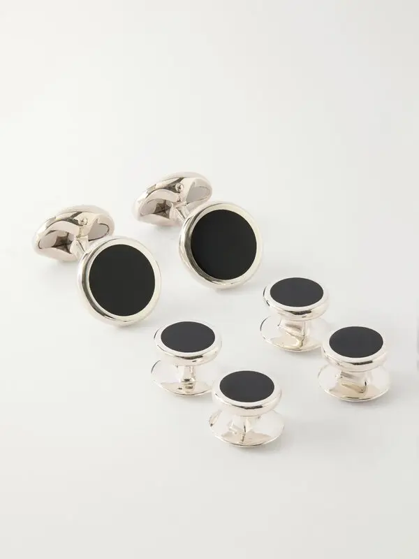 DEAKIN & FRANCIS Enamel And Sterling Silver Cufflinks And Dress Studs Set - Black