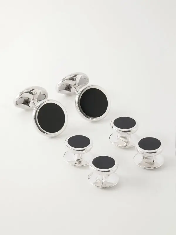 DEAKIN & FRANCIS Enamel And Sterling Cufflinks And Dress Studs Set - Silver