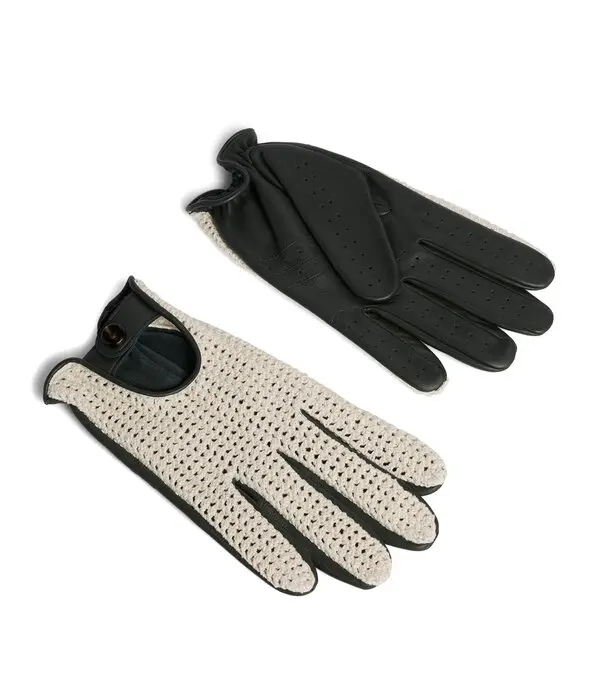 Dunhill Leather & Crochet Driving Gloves - Green