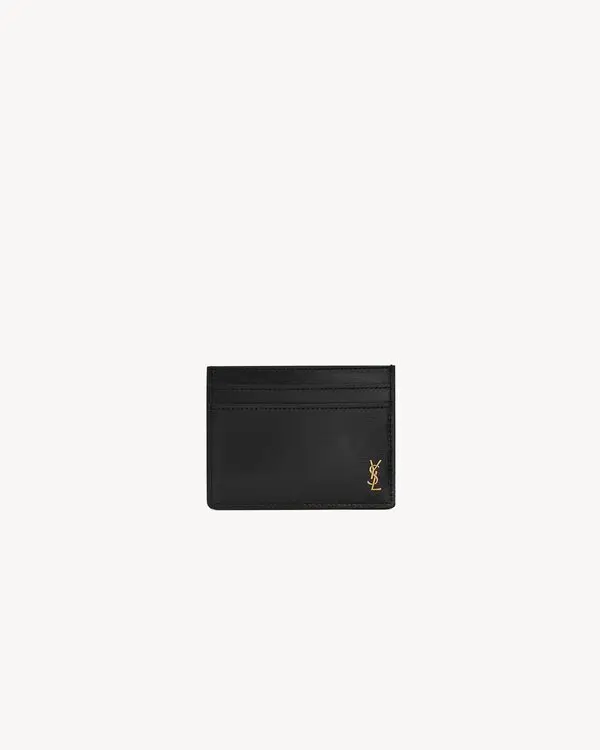 Saint Laurent Tiny Cassandre Credit Card Case In Shiny Leather - Black