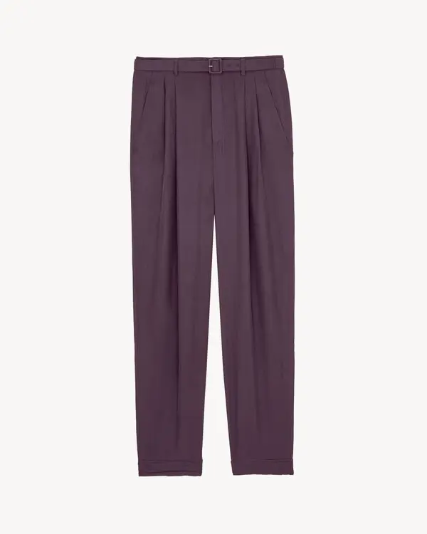 Saint Laurent Belted Silk Habotai Carrot-fit Pants - Prune