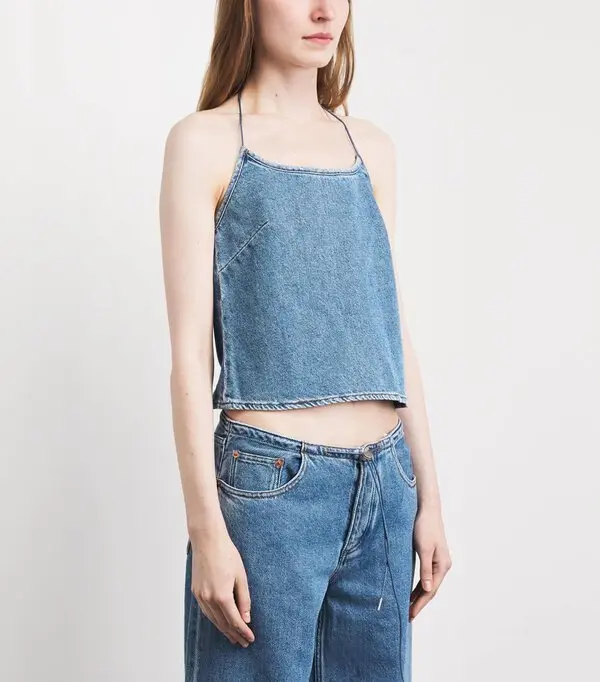 Still Here Denim Toggle Halter Tank Top - Blue
