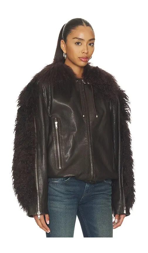 MANOKHI Jade Leather Coat With Faux Fur Trim