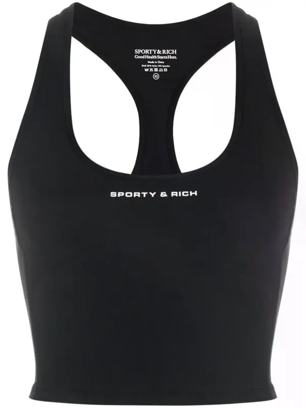 SPORTY & RICH Logo Print Cropped Racerback Top - Black