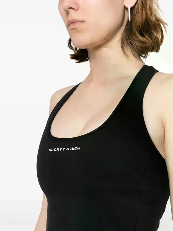 SPORTY & RICH Logo Print Cropped Racerback Top - Black