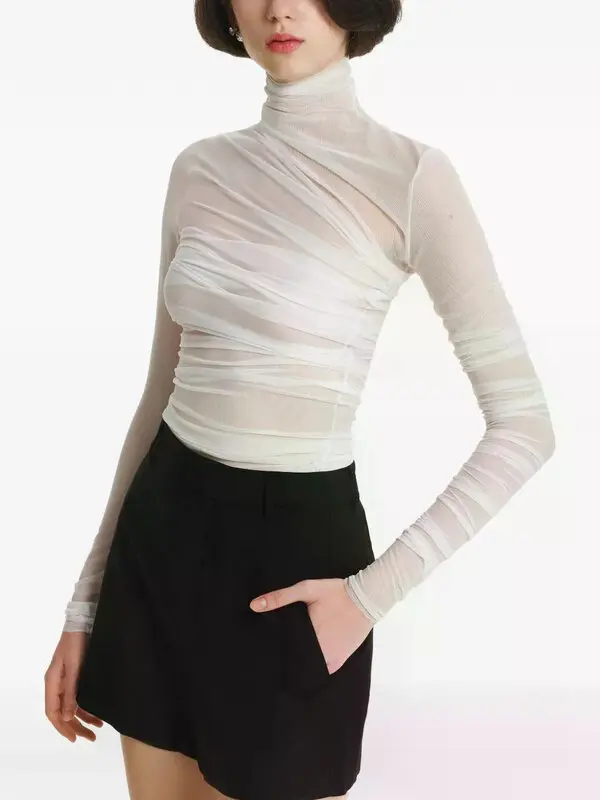 2310 STUDIO Ruched Semi-sheer High Neck Top
